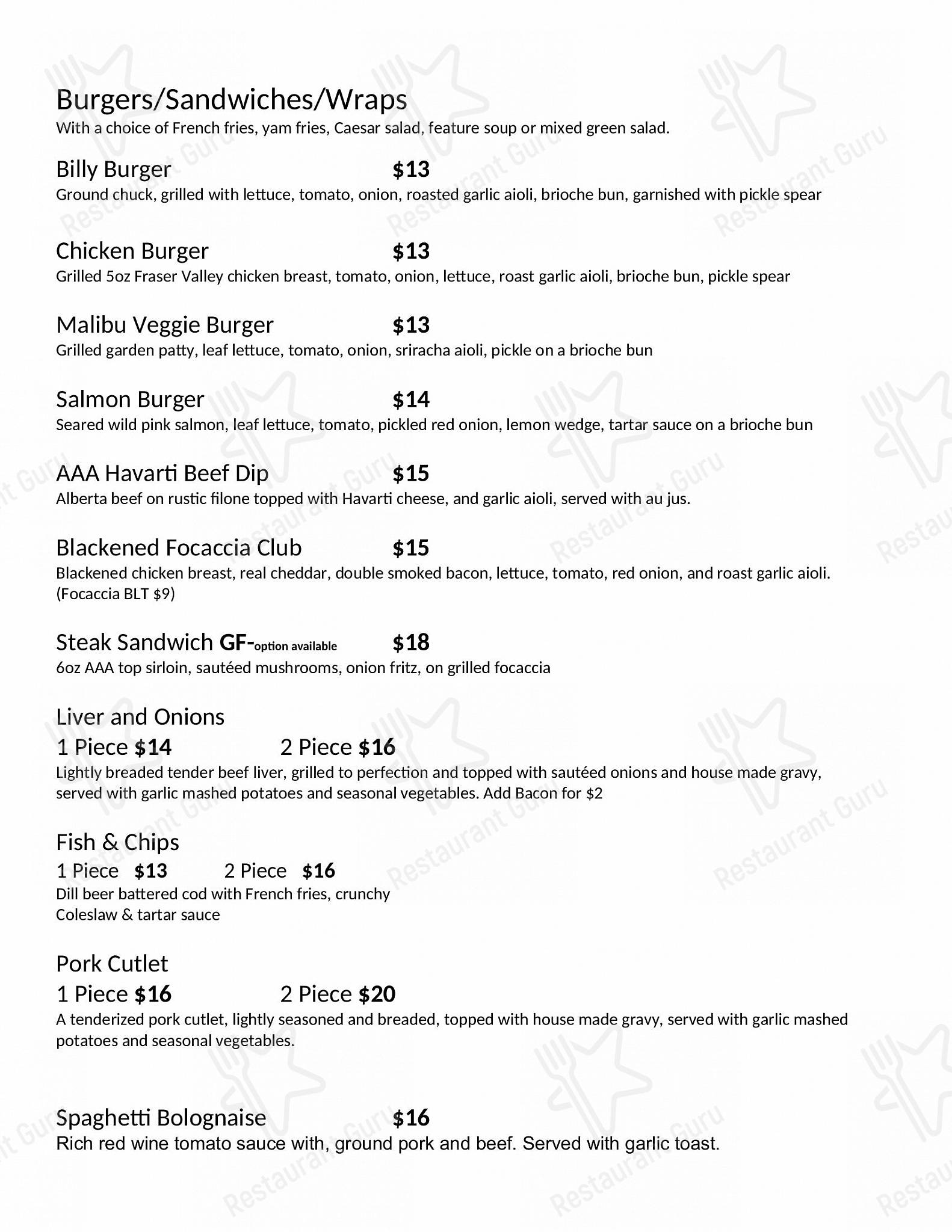 Menu at Billy Barker Restaurant, Quesnel