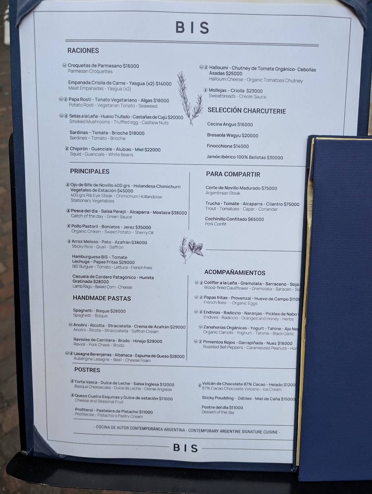 Carta de Bis Restaurante, Buenos Aires