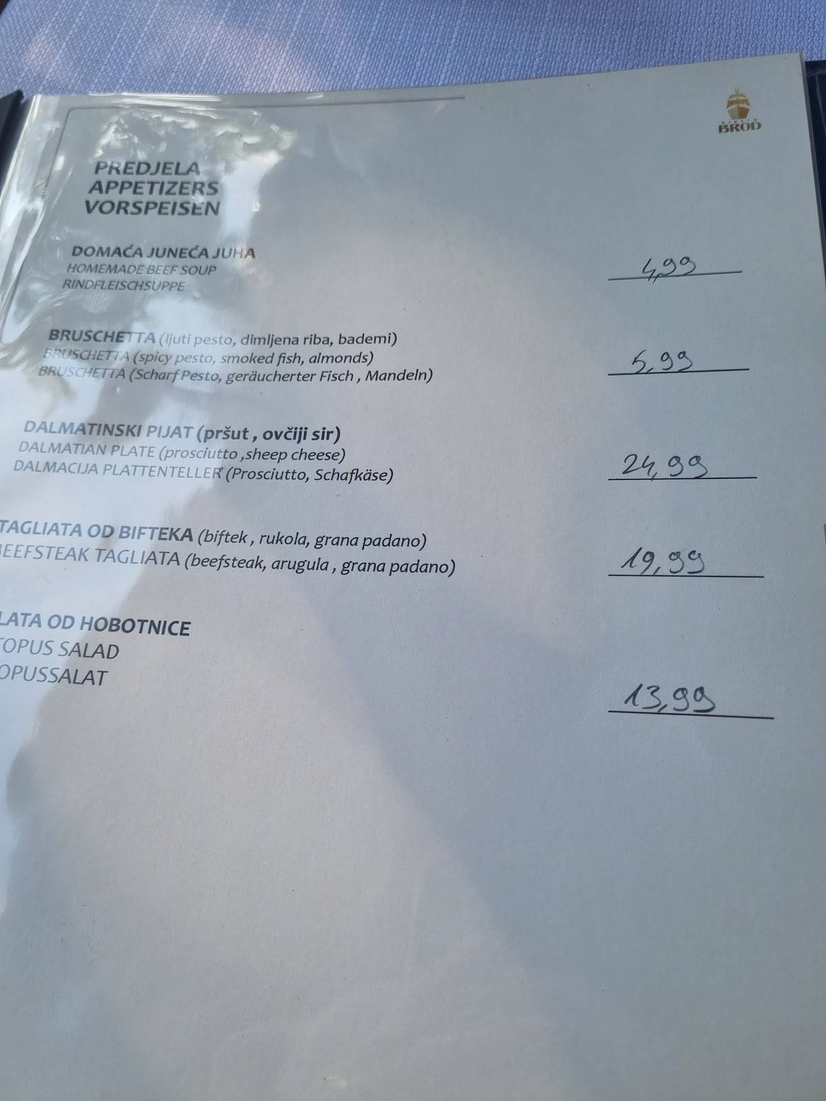 Menu at Bistro "BROD" restaurant, Zadar