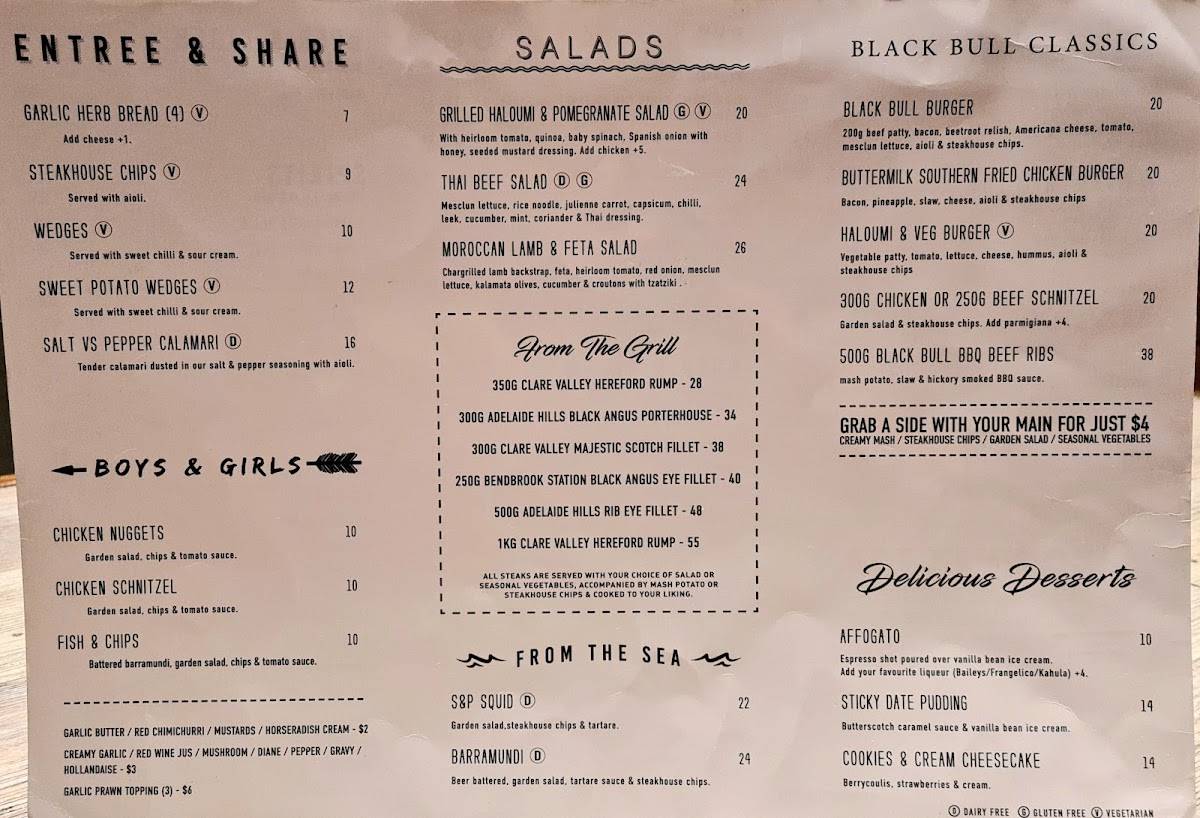 Menu at Black Bull Hotel pub & bar, Adelaide