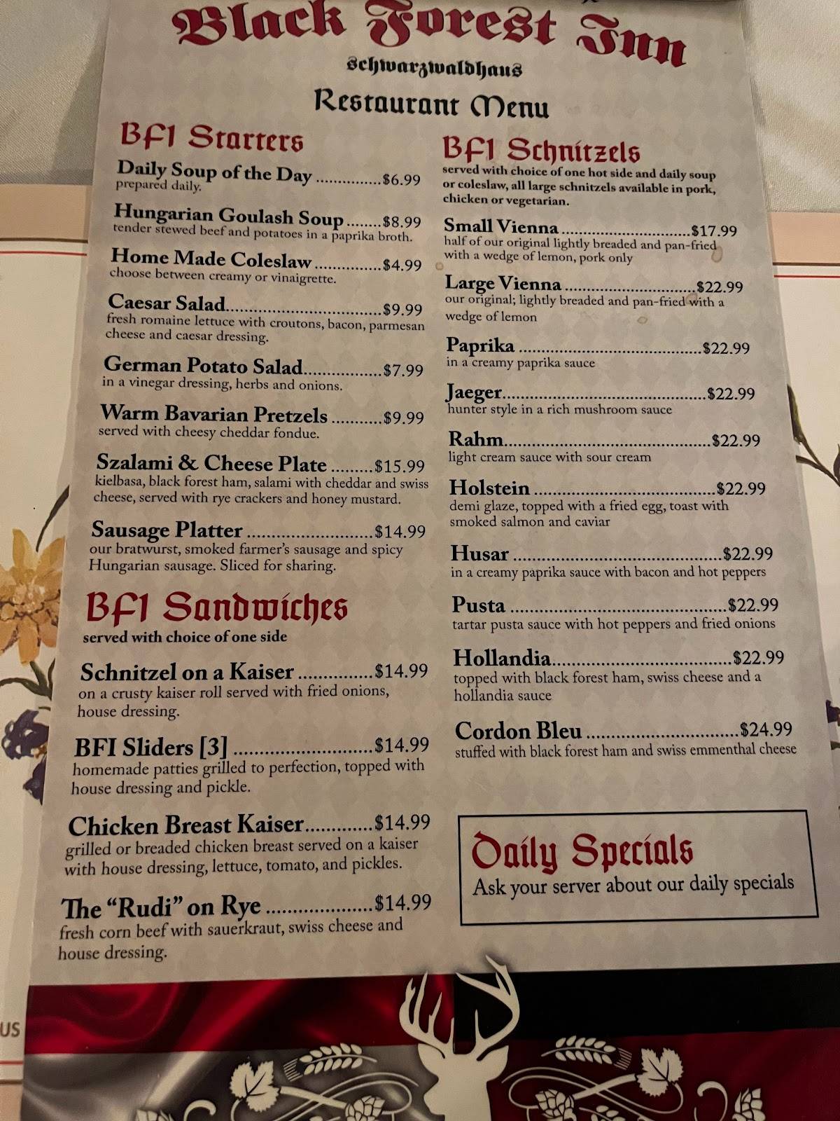 Menu at Black Forest Inn restaurant, Hamilton