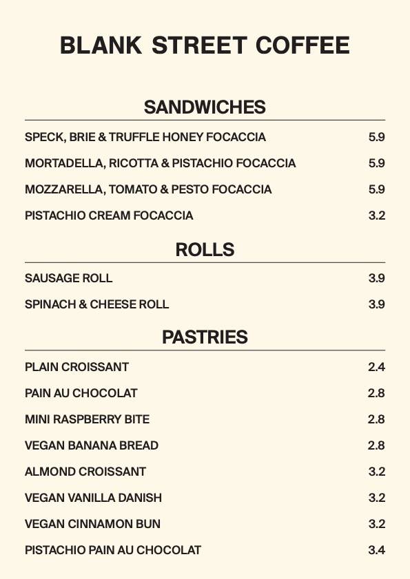 Menu at Blank Street Coffee, London, 3 Redchurch St