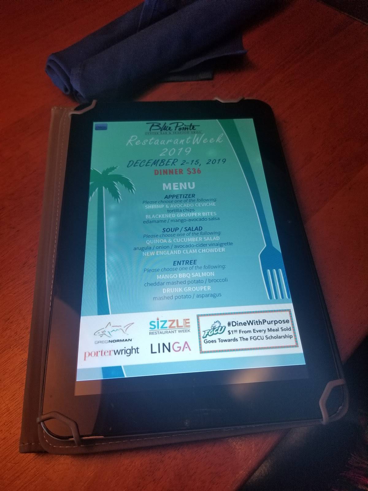 Menu at Blue Pointe Oyster Bar & Seafood Grill, Fort Myers