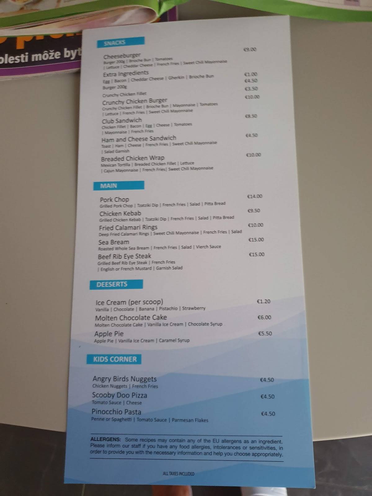 Menu at Blue Wave, Oroklini