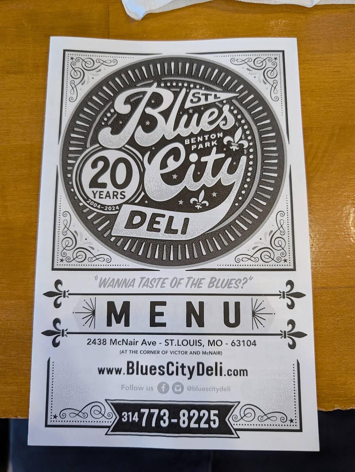 Menu at Blues City Deli restaurant, St. Louis