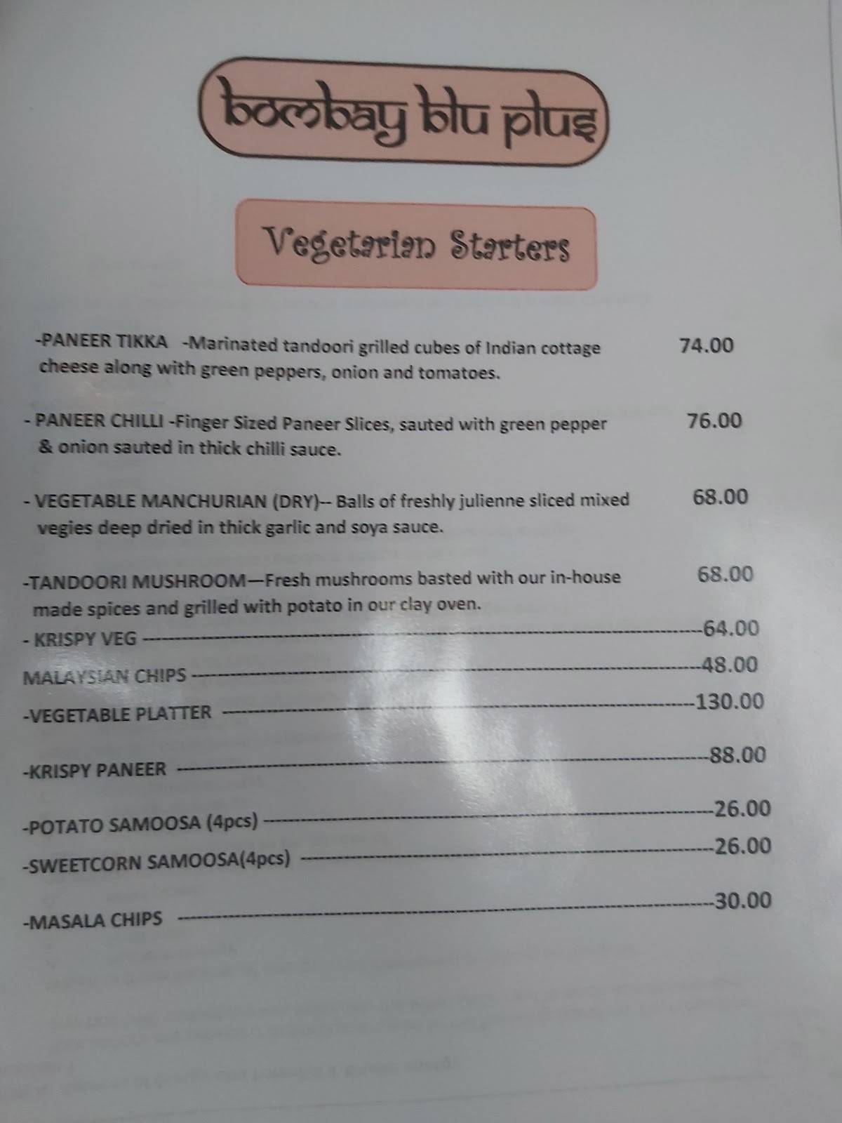 Menu at Bombay Blu Plus restaurant, Durban, Shop 207