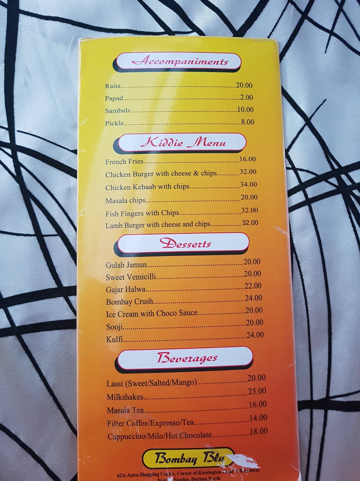 Menu at Bombay Blu restaurant, Durban