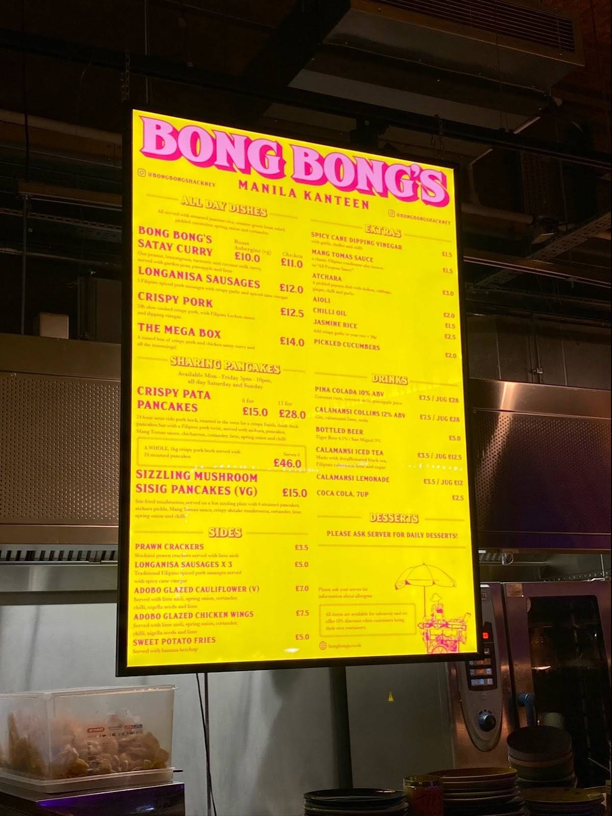 Menu at Bongbong's Manila Kanteen restaurant, London