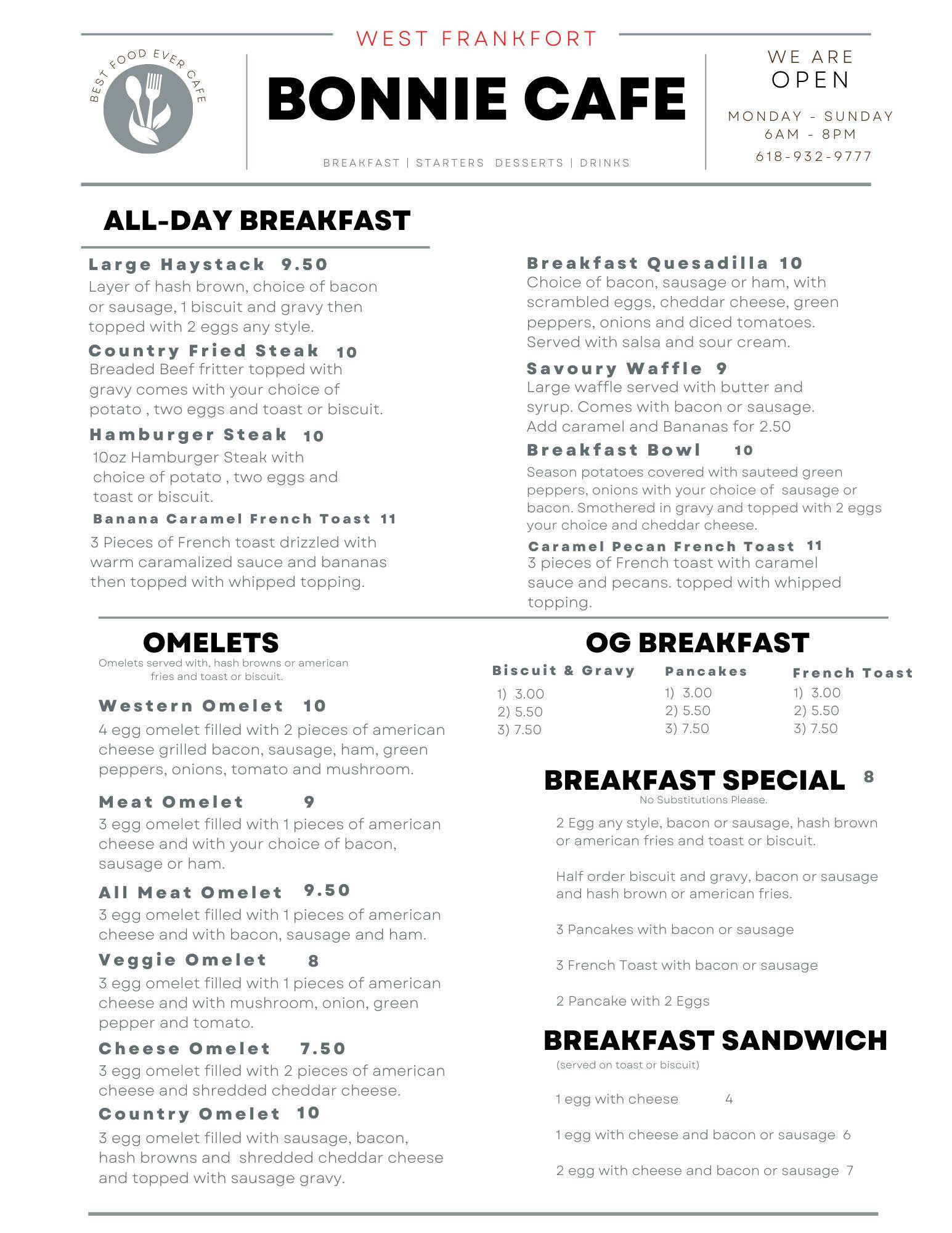 Menu at Bonnie Cafe, West Frankfort