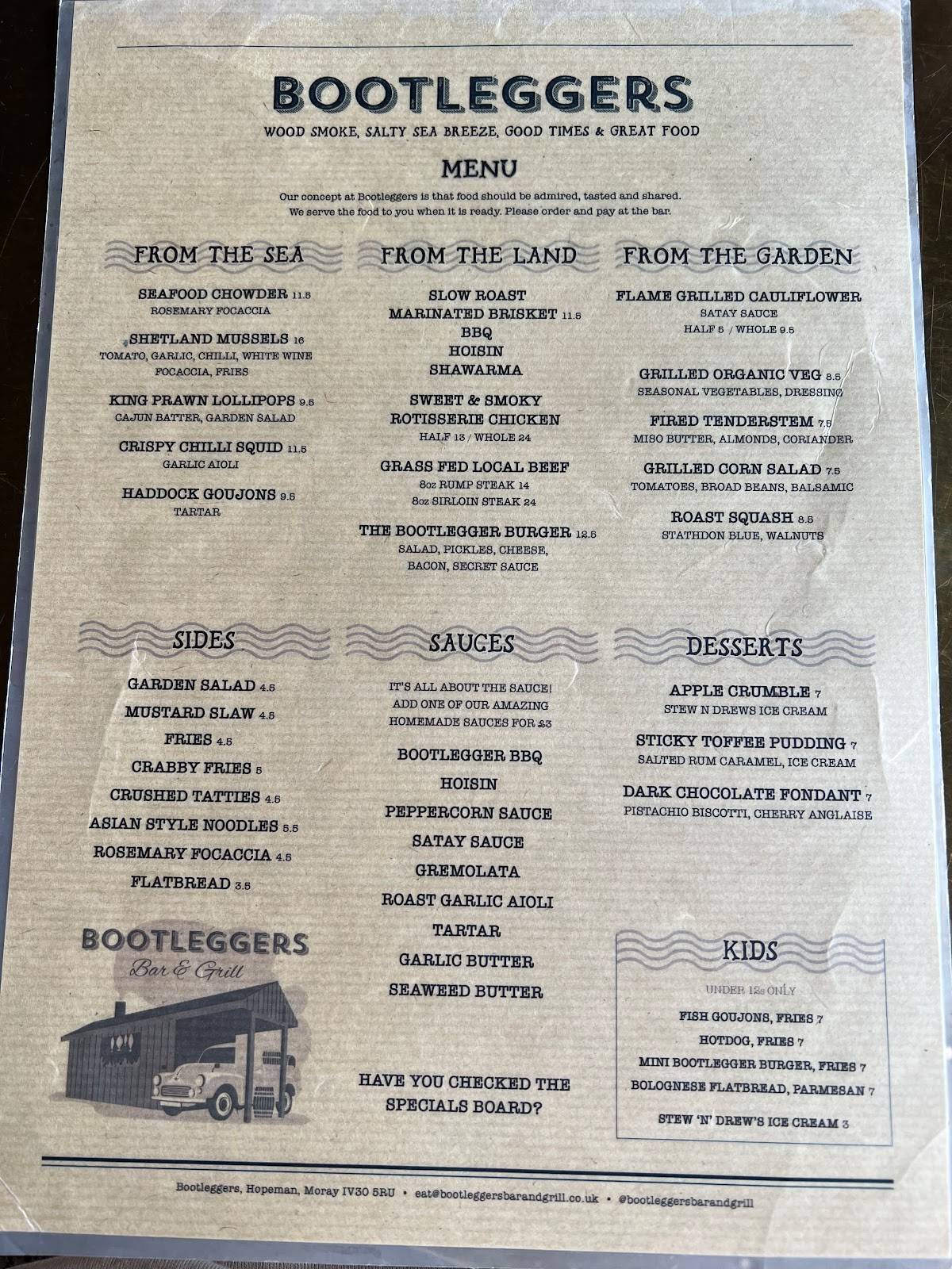 Menu at Bootleggers Bar & Grill, Hopeman