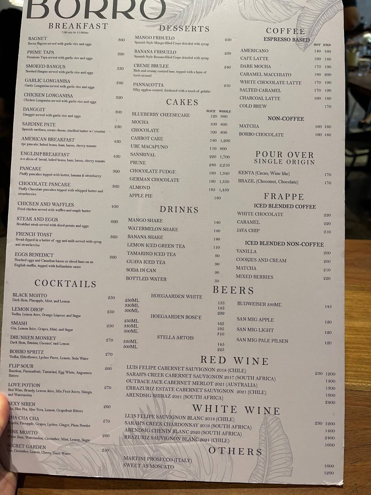 Menu at Borro restaurant, Quezon City