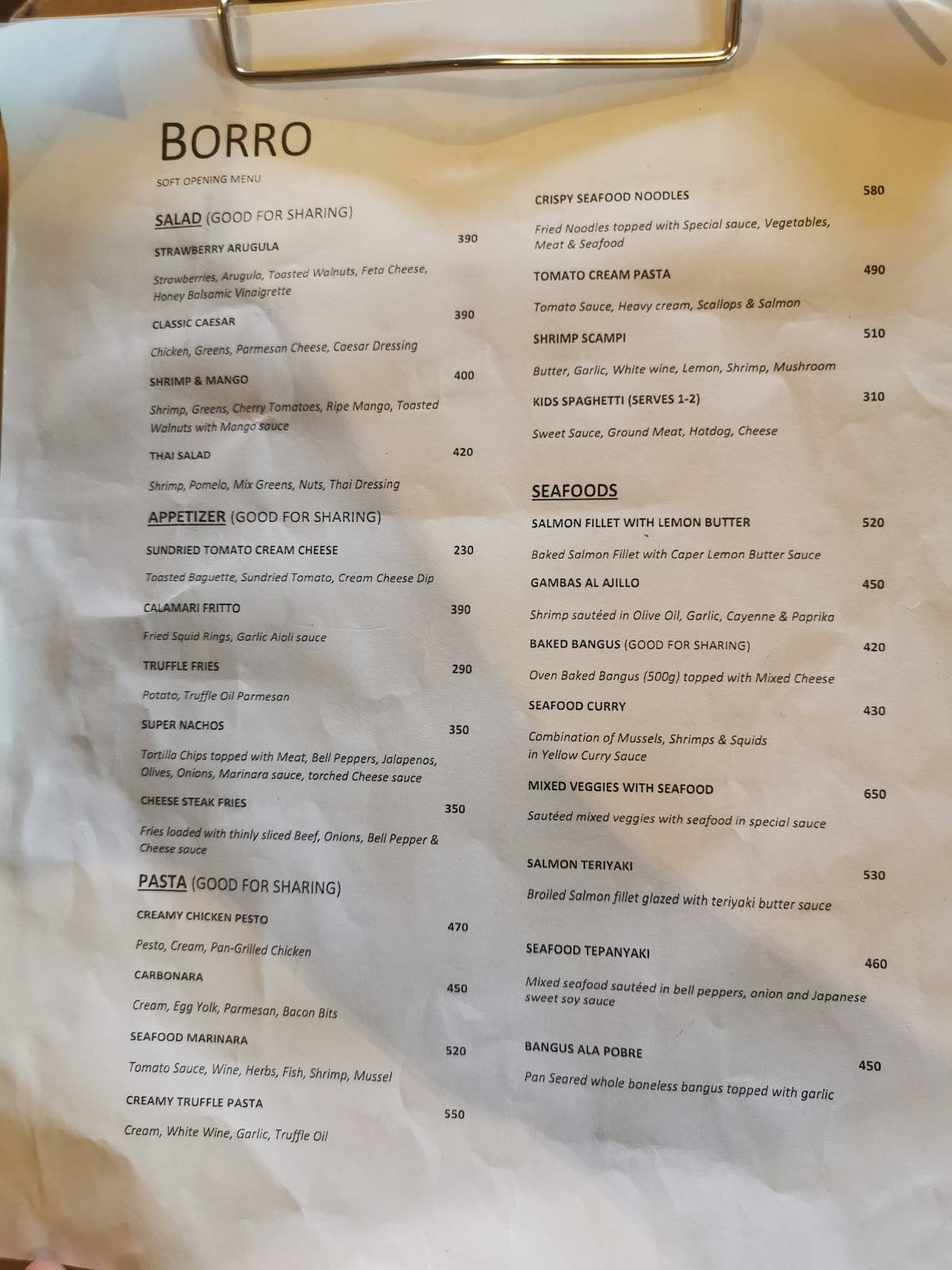 Menu at Borro restaurant, Quezon City