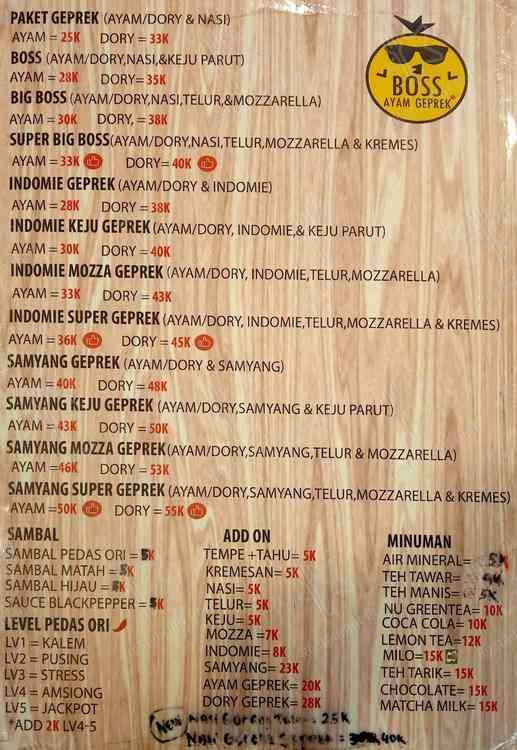 Menu at Boss Ayam Geprek, Jakarta, LTC Glodok