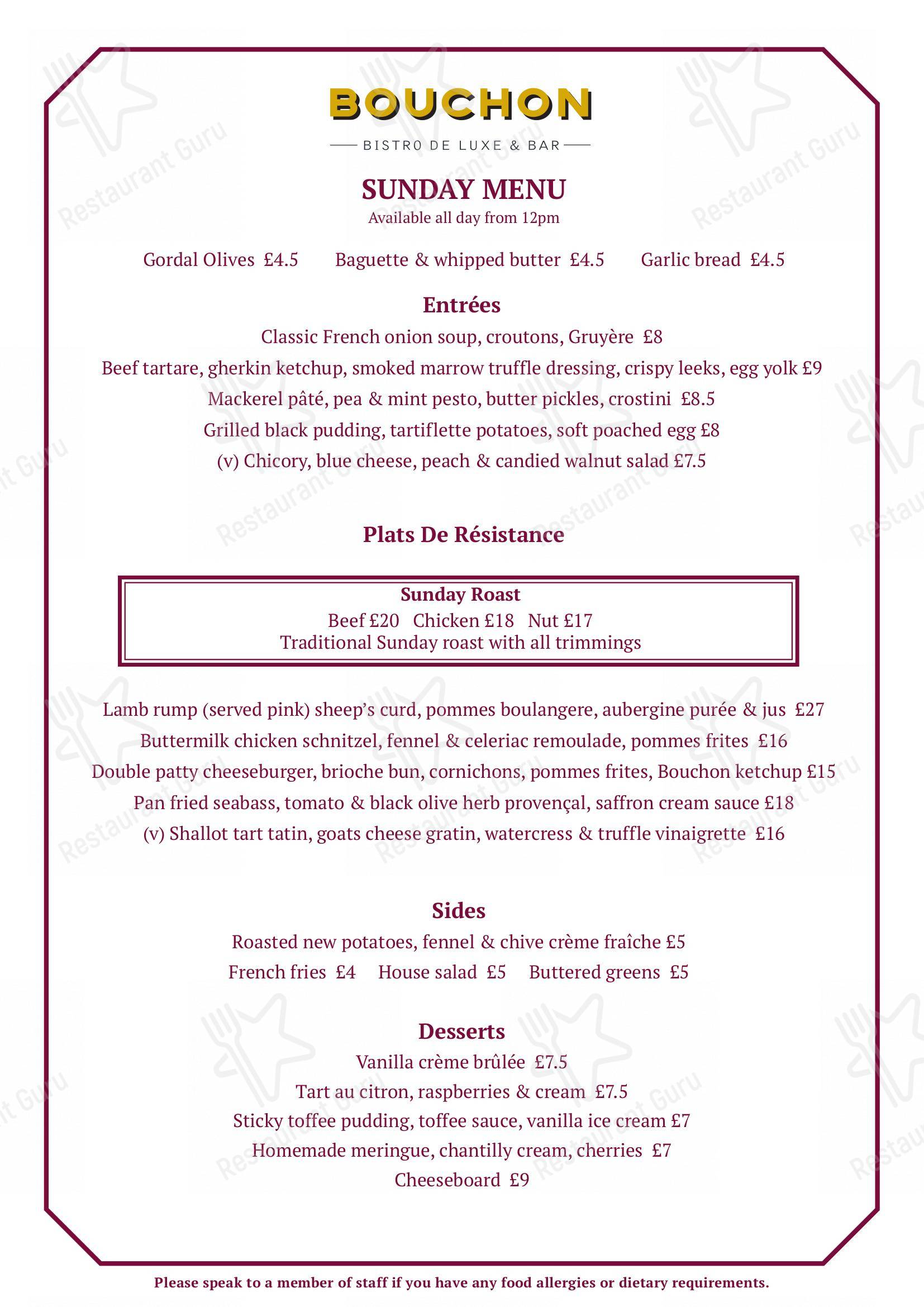 Menu at Bouchon restaurant, Liverpool