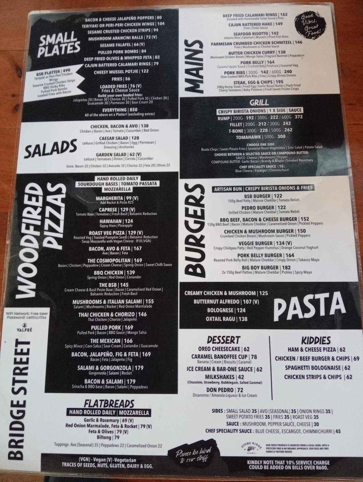 Menu at Bridge Street restaurant, Port Elizabeth, 1 Bridge St