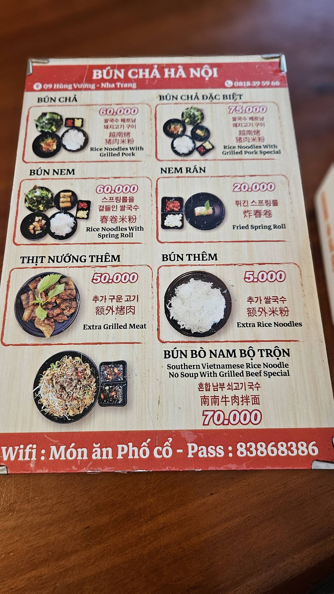 Menu at Bun Cha Ha Noi restaurant, Nha Trang, 17 Hùng Vương