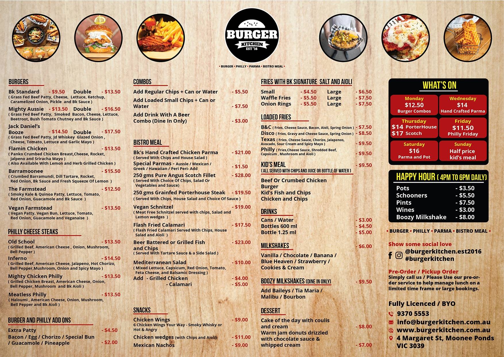 Carta del restaurante Burger Kitchen, Moonee Ponds