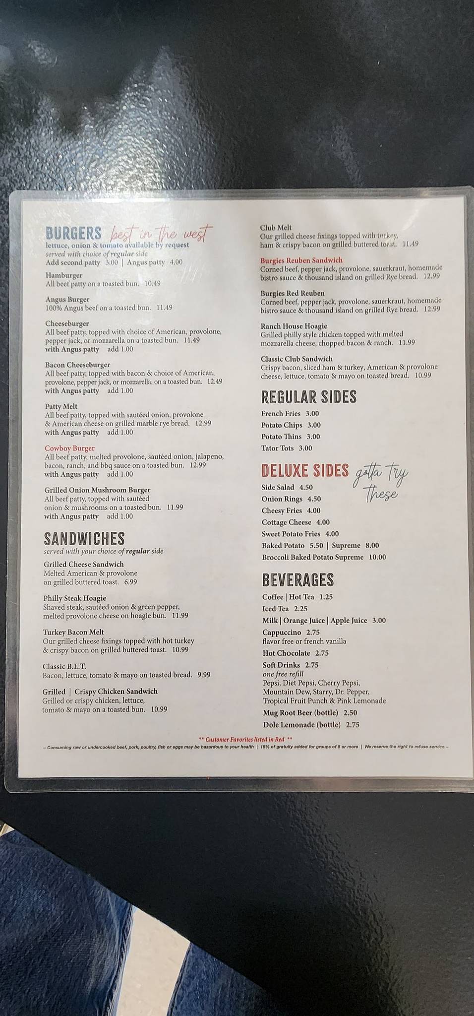 Menu at Burgie's Bowling restaurant, Chappell