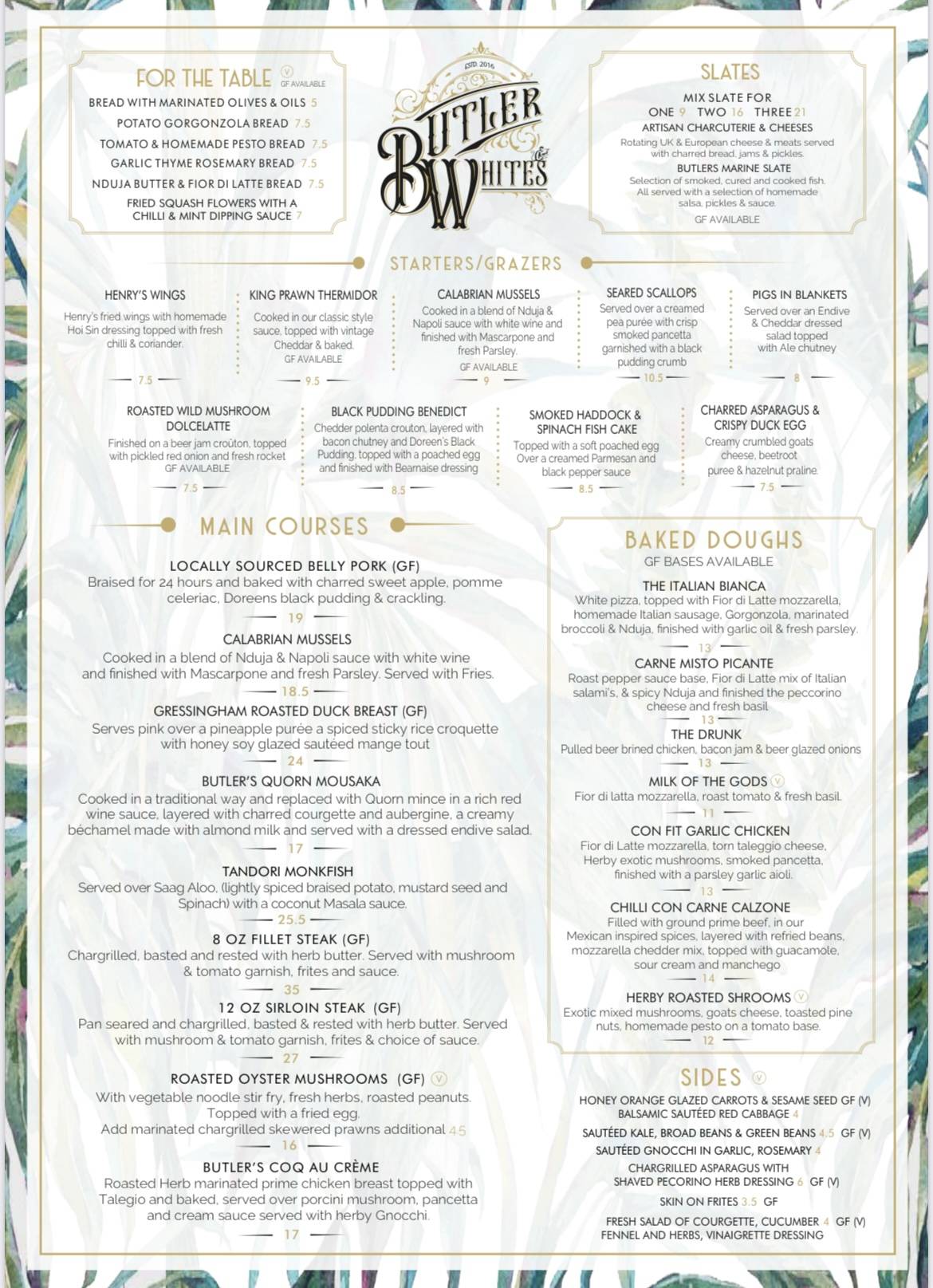 Menu at Butler Whites restaurant, Hull