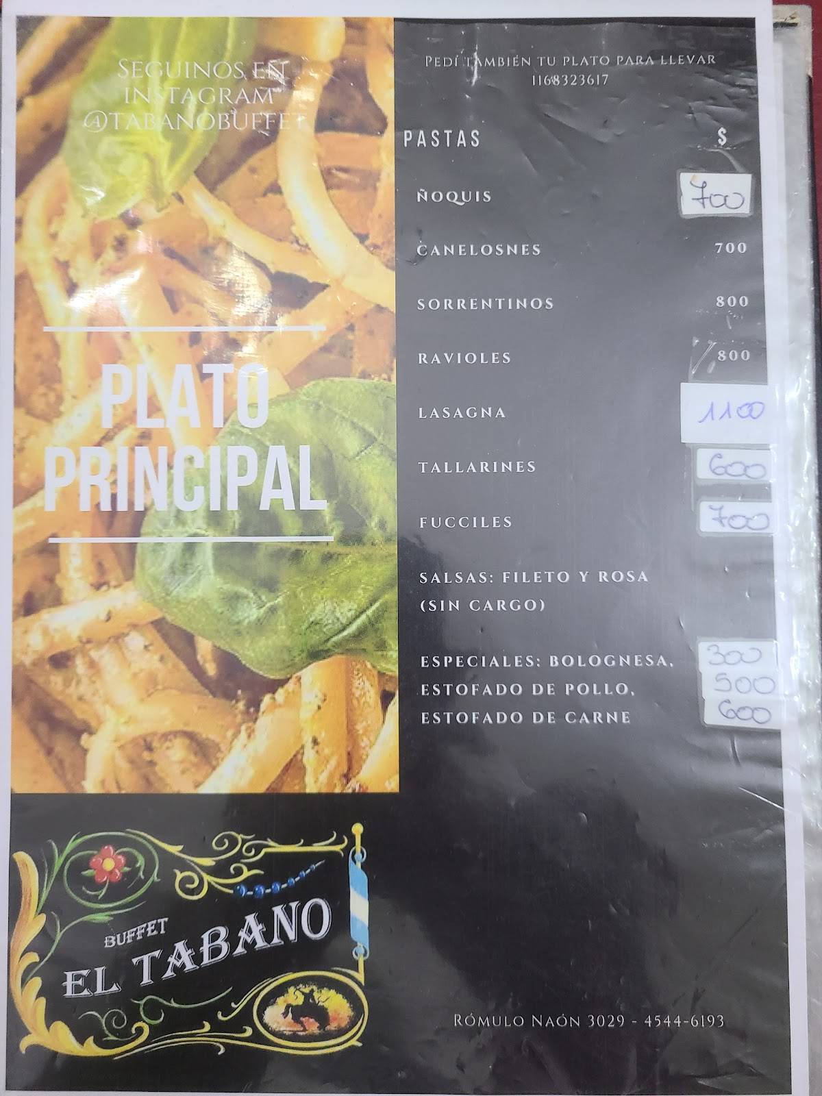 Carta del restaurante C.S.D El Tábano, Buenos Aires, Dr. Rómulo Naón 3029