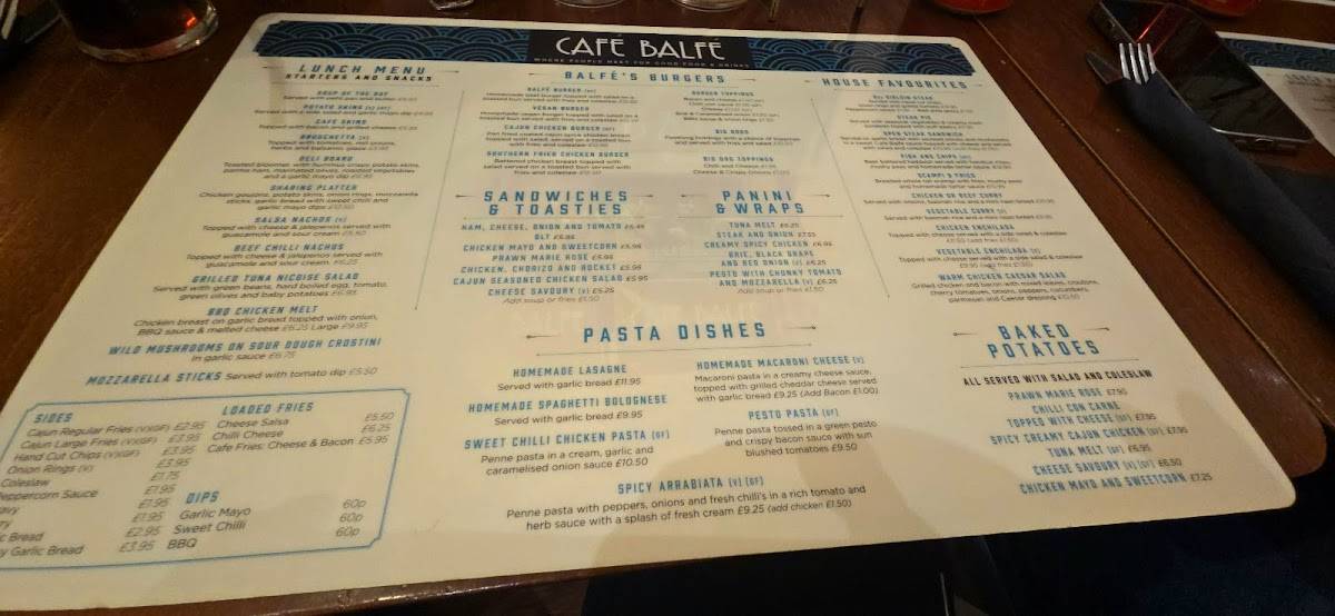 Menu at Cafe Balfe, Greenock