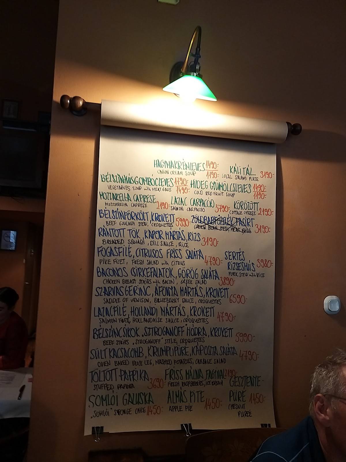 Menu at Café Kör restaurant, Budapest
