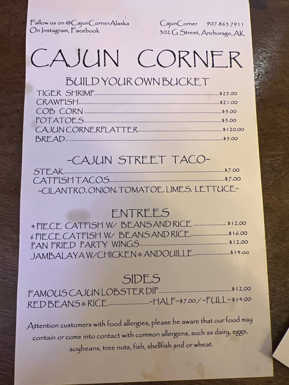 Menu at Cajun Corner restaurant, Anchorage