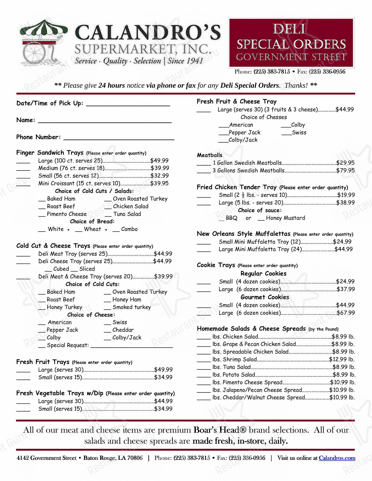 Menu at Calandro's Supermarket (Perkins) restaurant, Baton Rouge