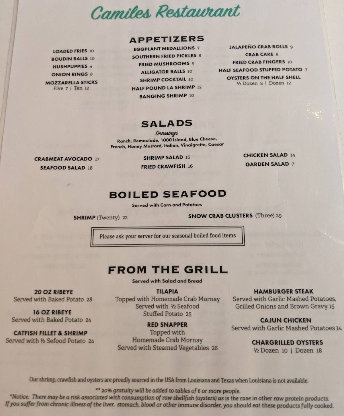Menu at Camile's Restaurant, Erwinville