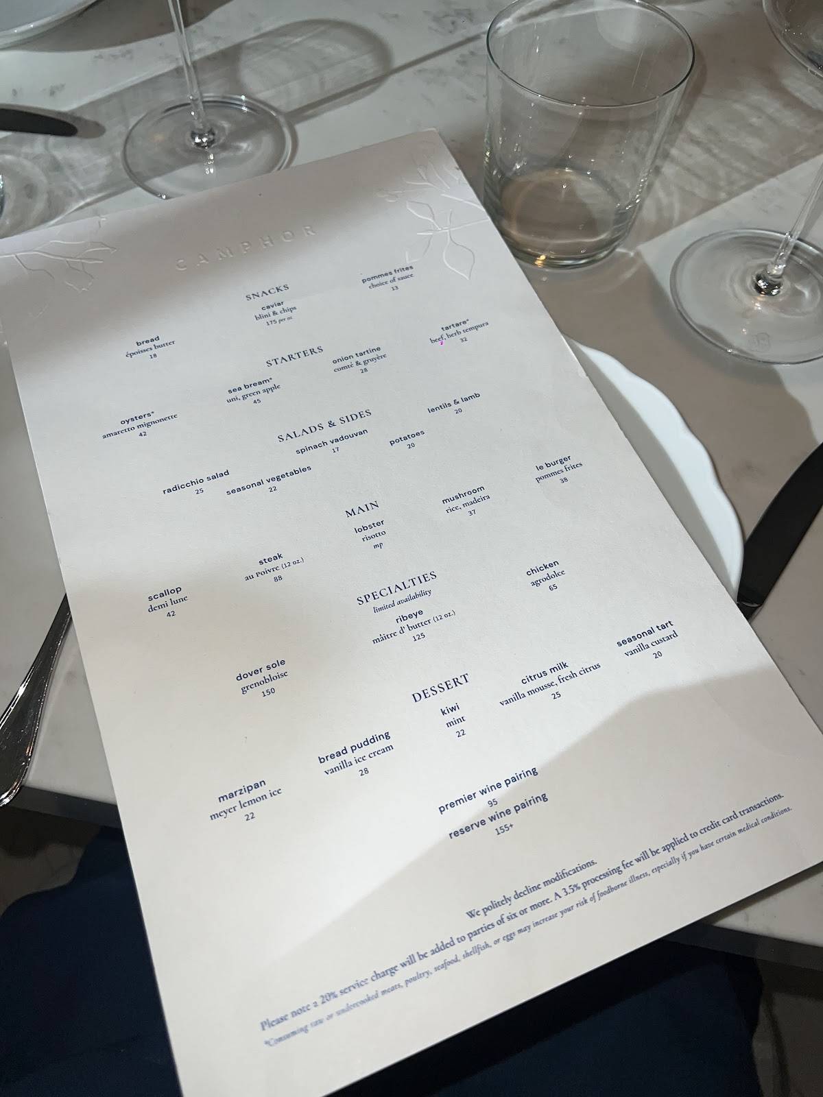Menu at Camphor restaurant, Los Angeles