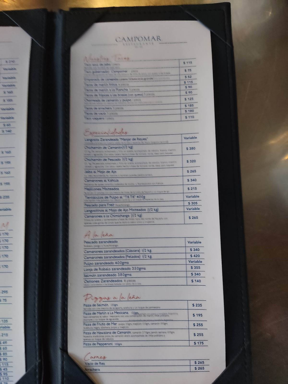 Carta del restaurante Campomar Chapalita, Guadalajara, San Dionisio 33