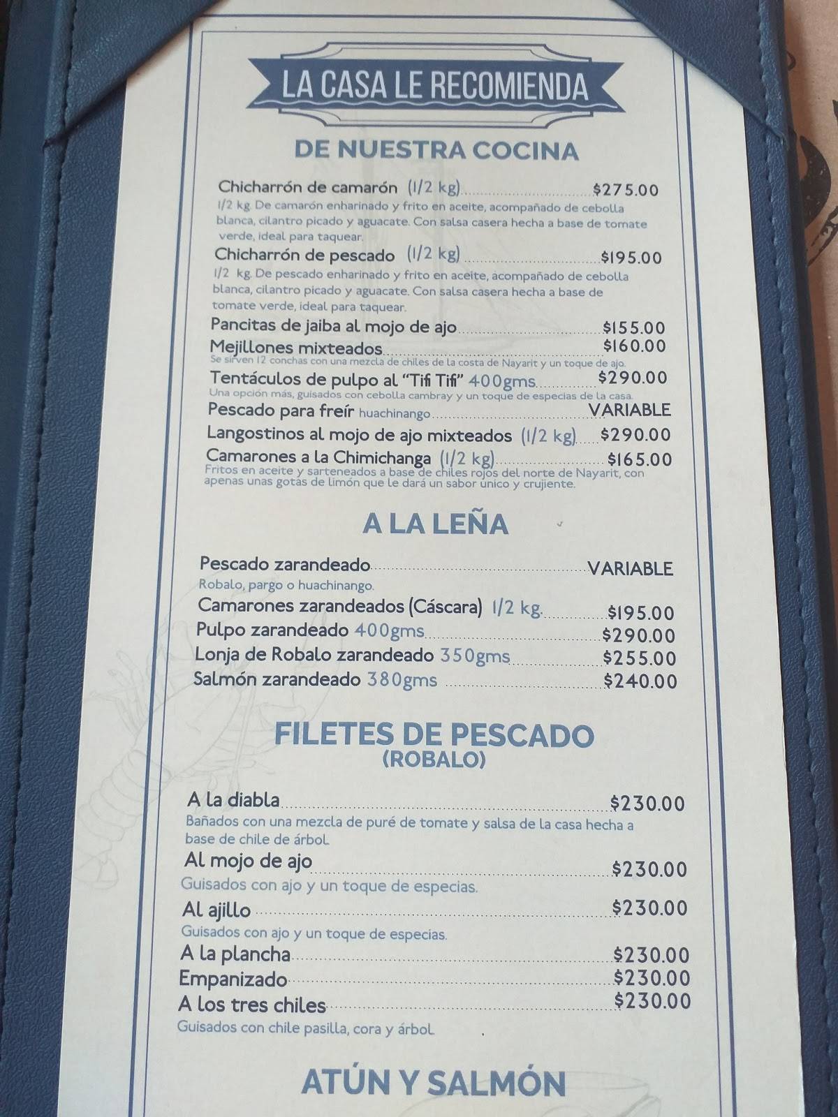 Menu at Campomar restaurant, Guadalajara, San Dionisio 33