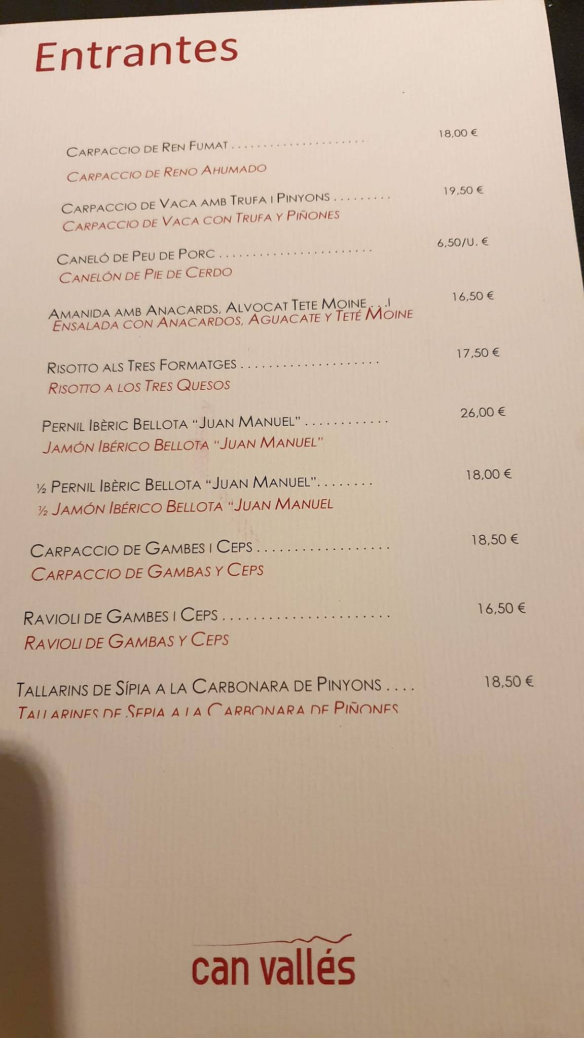 Menu at Can Vallés restaurant, Barcelona, C/ d'Aragó