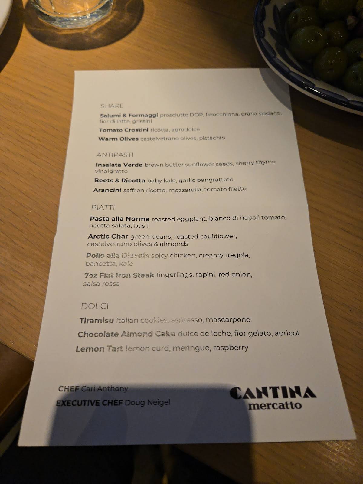 Menu at Cantina Mercatto restaurant, Toronto