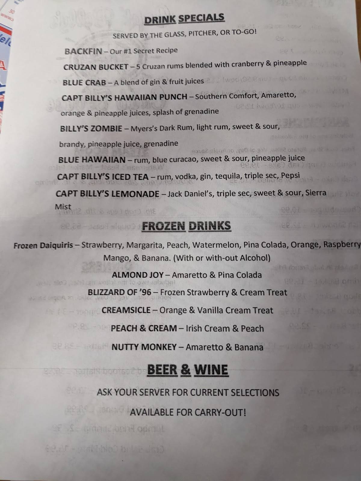 Menu at Captain Billy's Crab House restaurant, Popes Creek