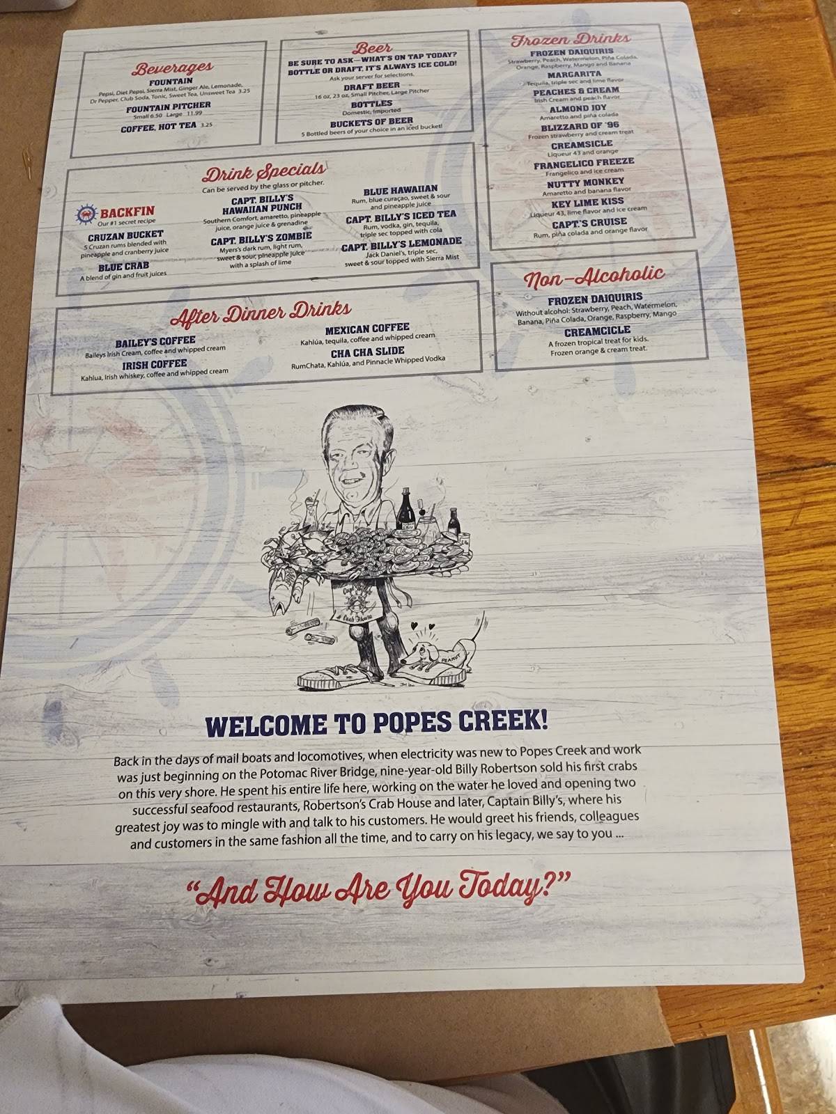 Menu at Captain Billy's Crab House restaurant, Popes Creek