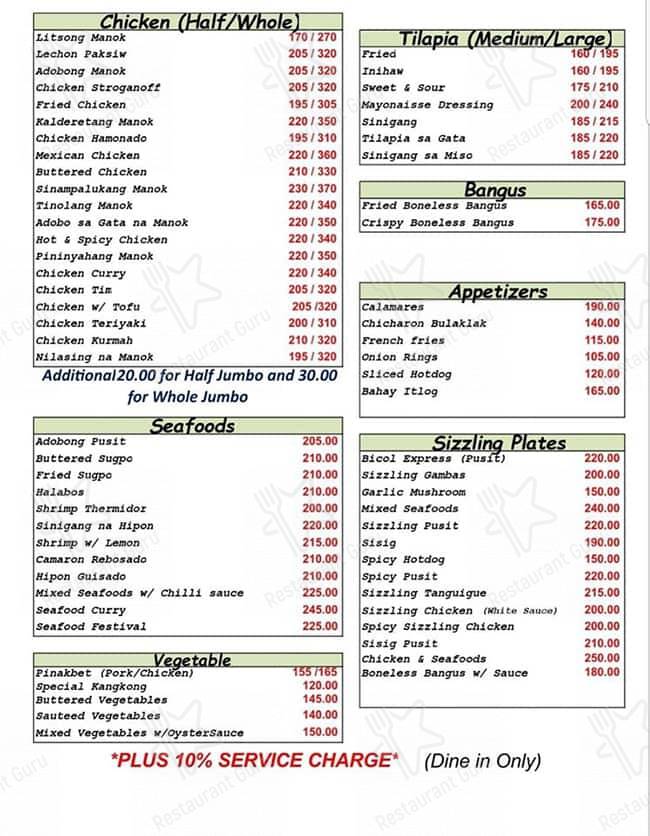 Menu at Carvajal Restaurant, Santa Rosa, 209 National Highway