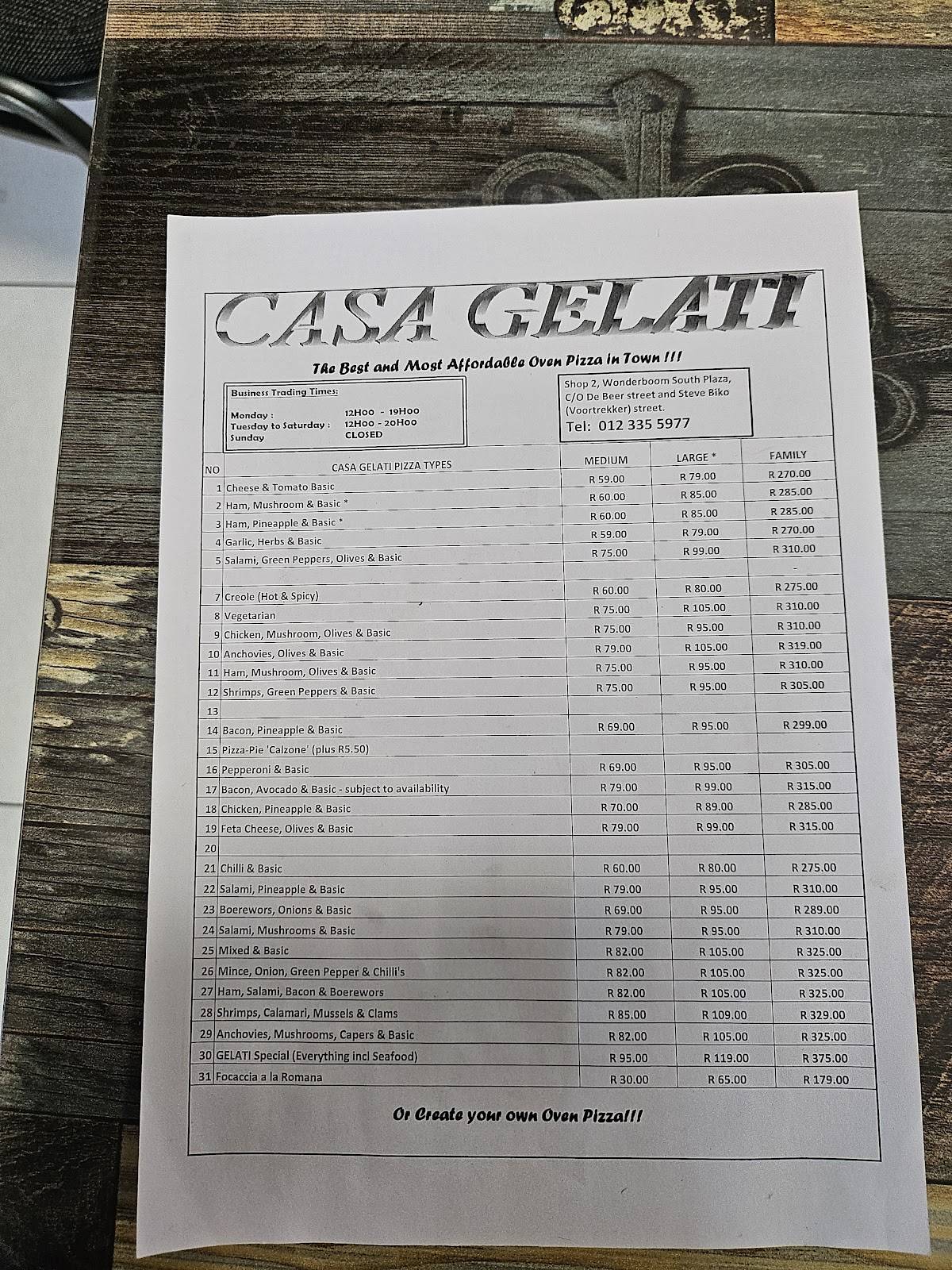 Menu at Casa Gelati Pizzeria, Pretoria