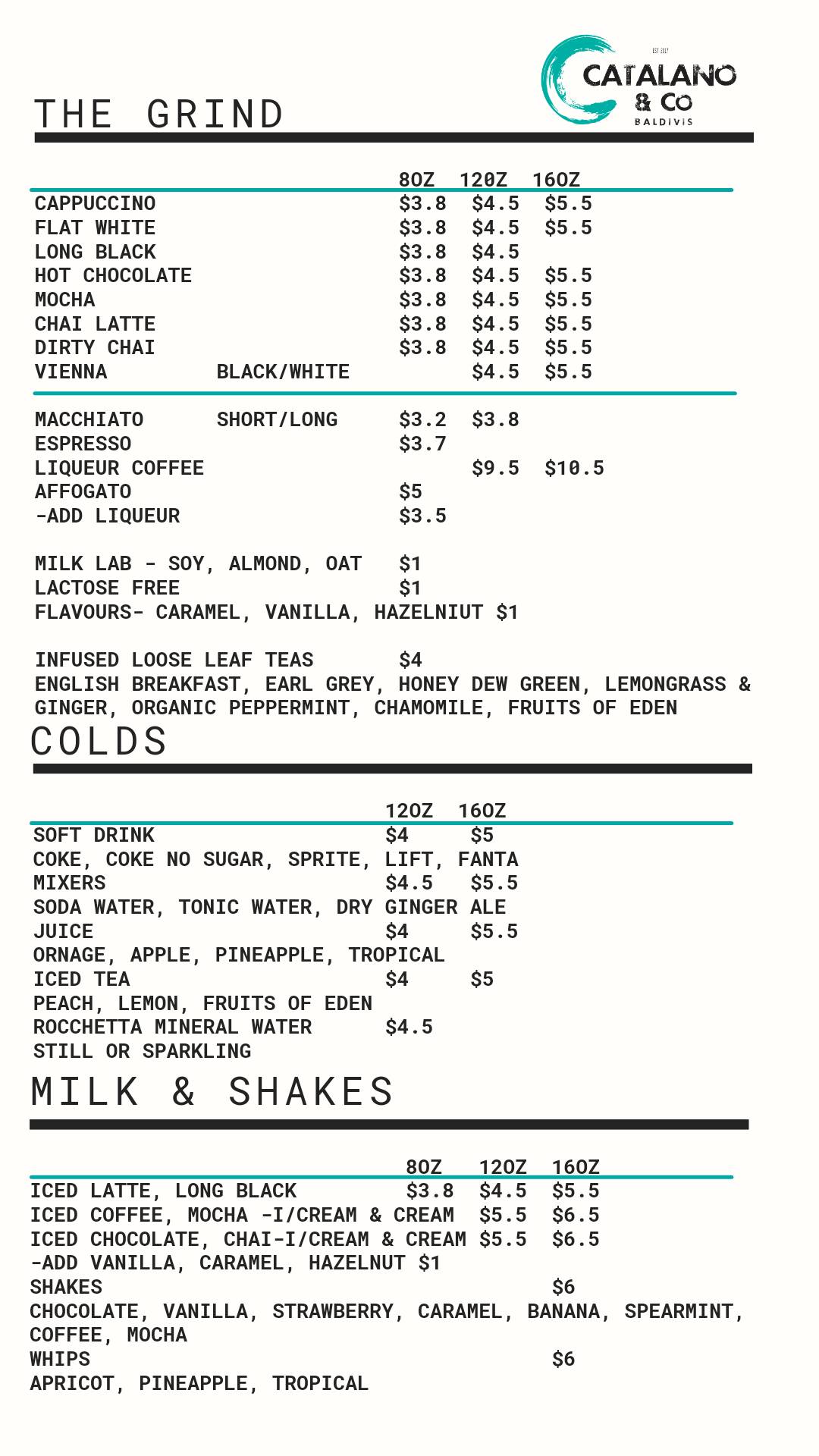 Menu at Catalano & Co Baldivis restaurant, Baldivis