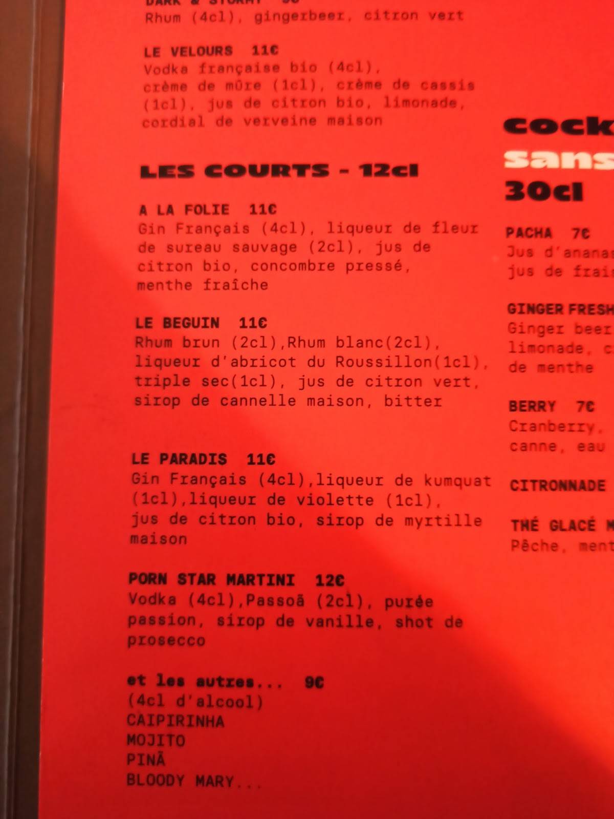 Menu at Cavale restaurant, Paris