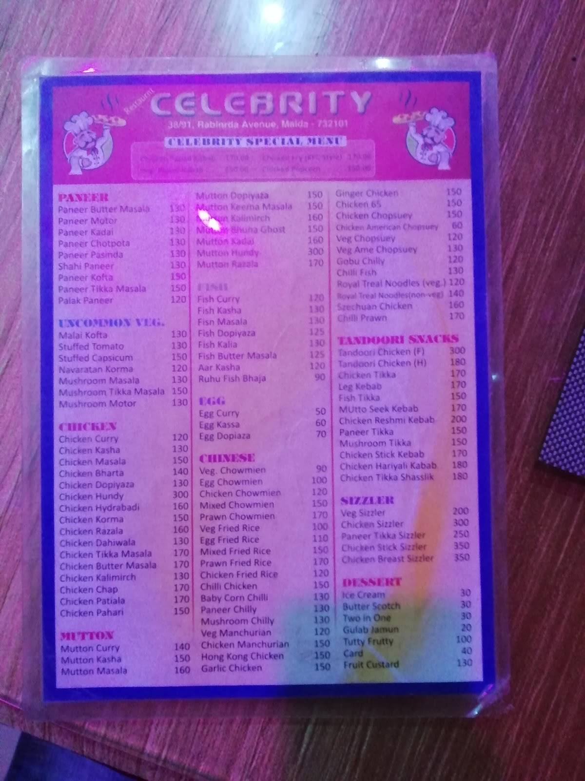 Menu at Celebrity Restaurant & Banquet Hall, Malda, Rabindra Ave