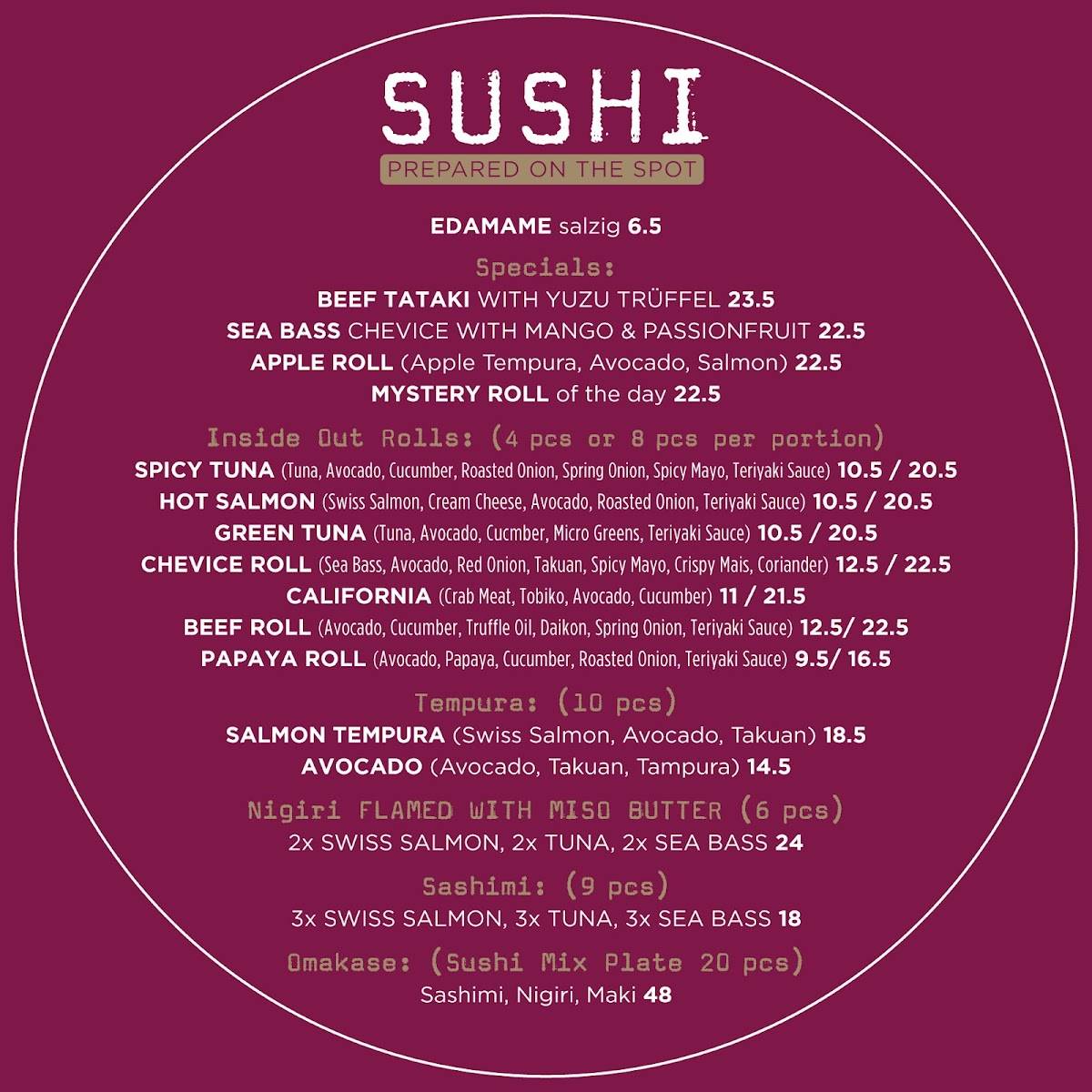 Menu at Central 1, Zürich