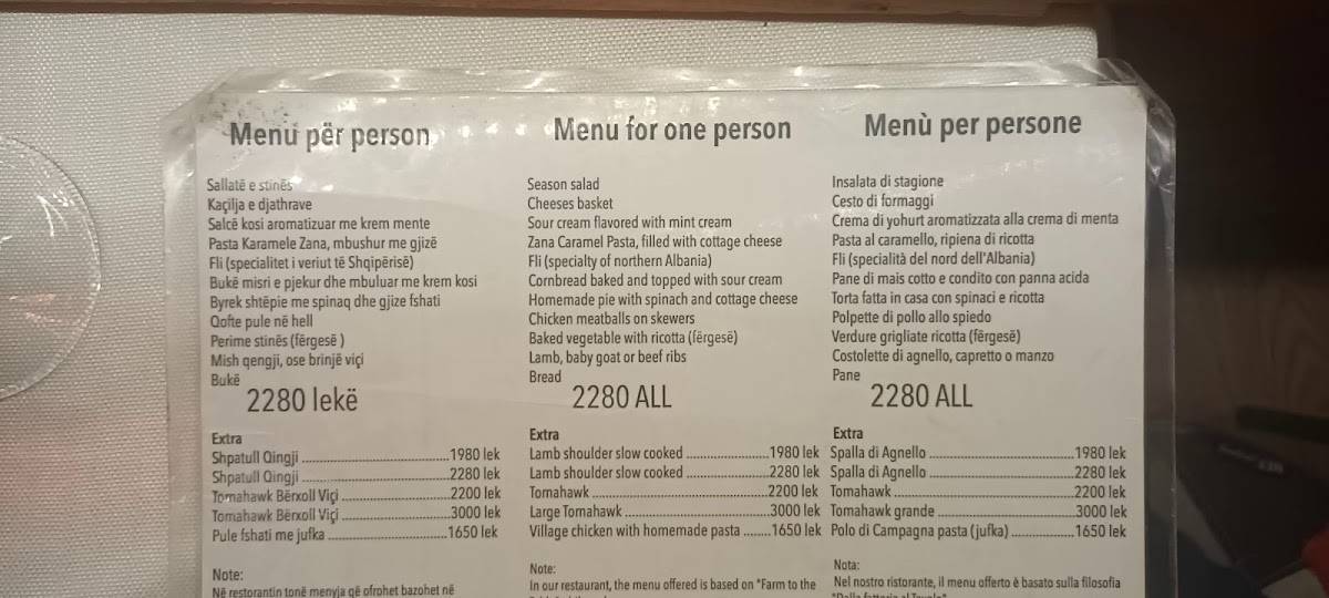 Menu at Ceren Ismet Shehu restaurant, Tirana, Tek Kalaja e Tiranes