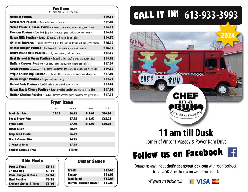 Menu at Chef in a Bun restaurant, Cornwall, Vincent Massey Dr