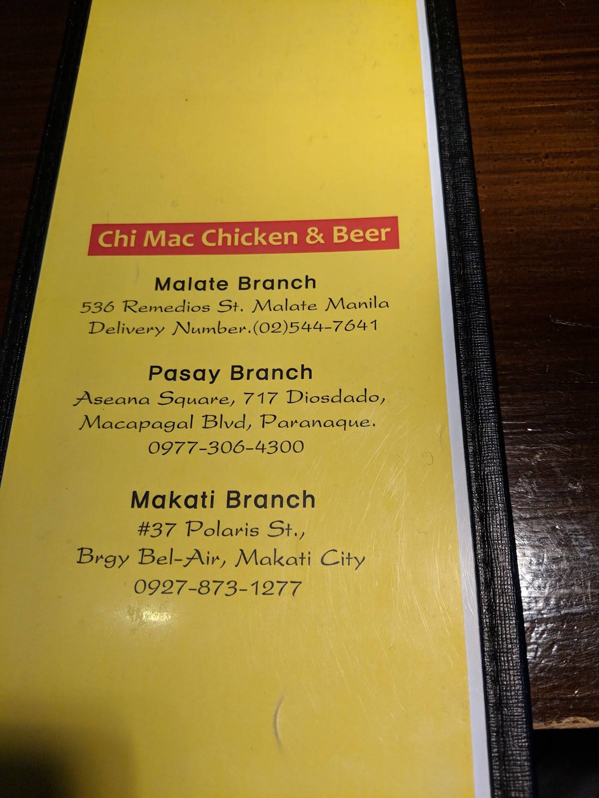 Menu at Chi Mac restaurant, Manila, 536 Remedios St