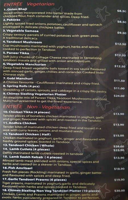 Menu at Chimes restaurant, Balwyn