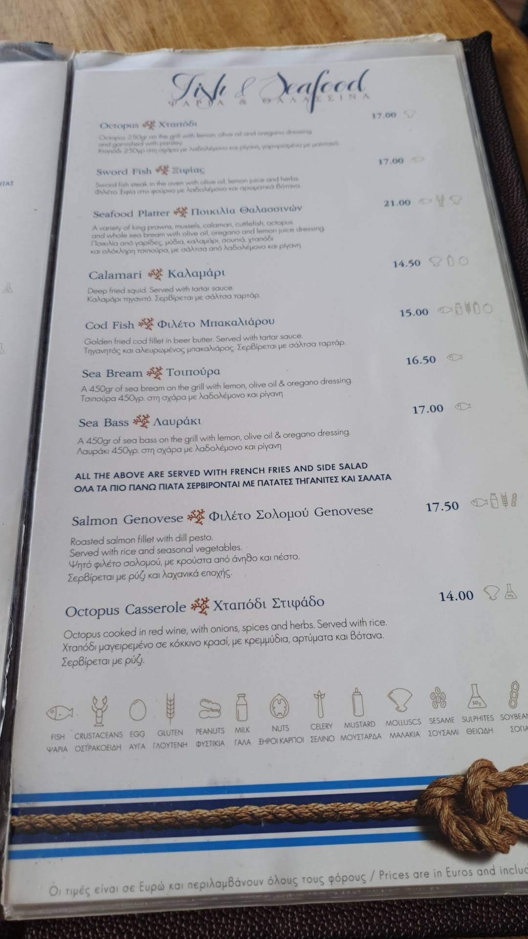 Menu at Chris Blue Beach, Episkopi