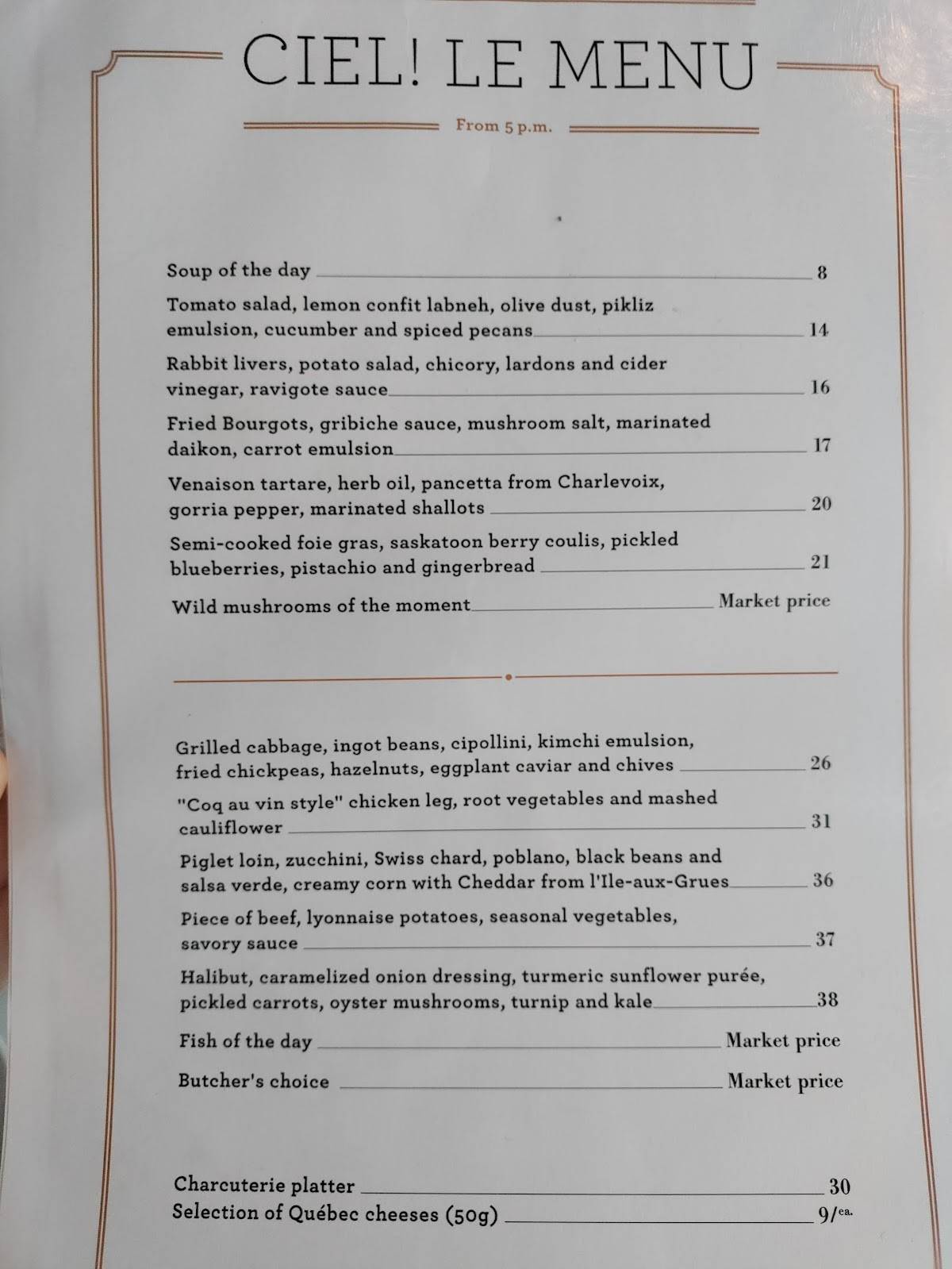 Menu at Ciel! Bistro-bar, Québec City