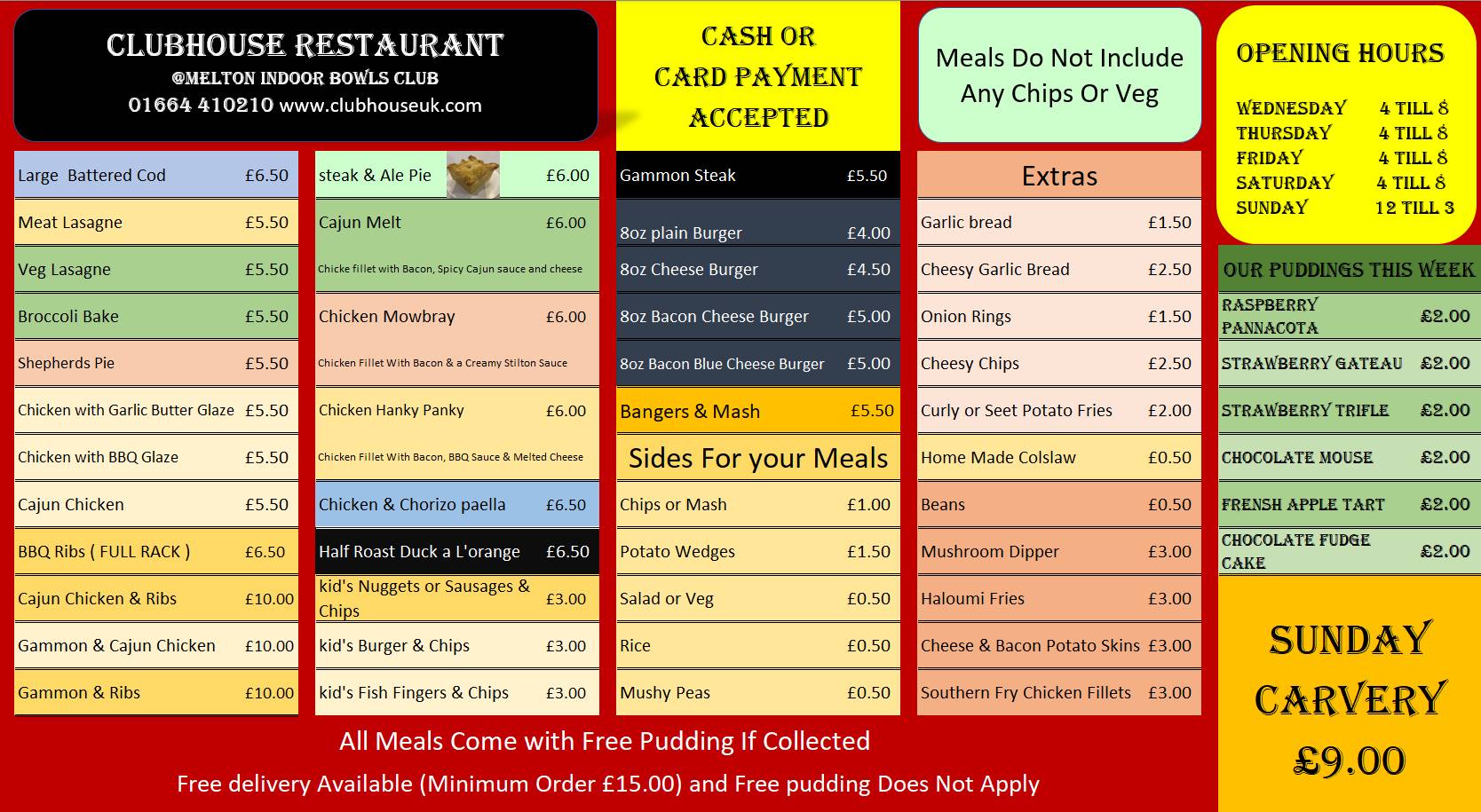 Menu at Clubhouse at the Bowls Club Melton Mowbray, Melton Mowbray
