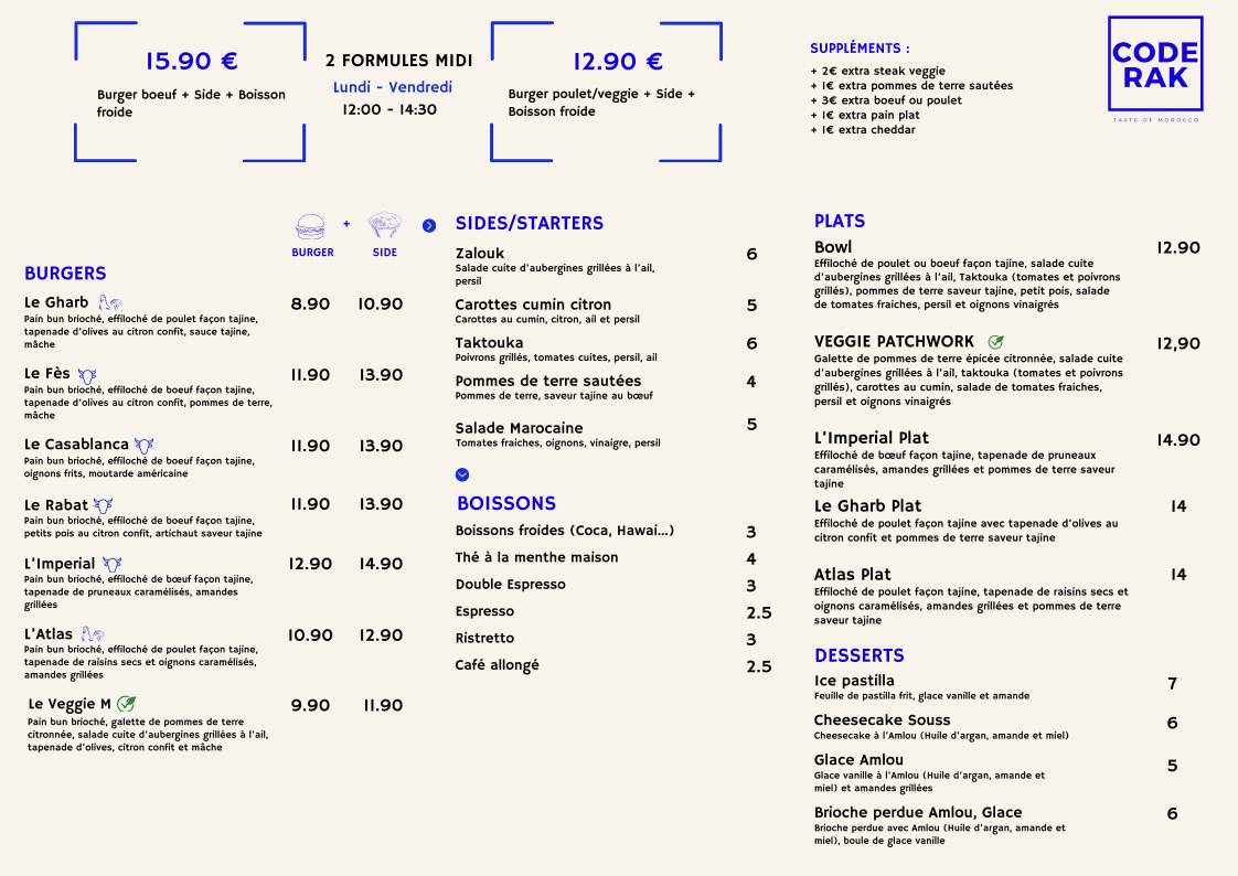 Carta del restaurante Coderak Burger, Paris